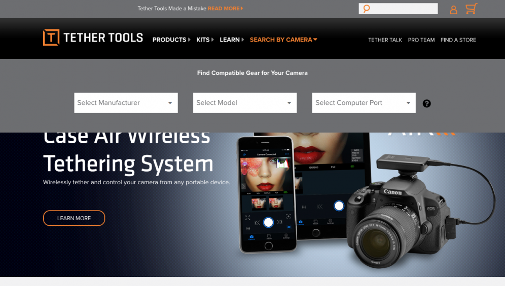 Search By Camera Feature on Tether Tools Homepage